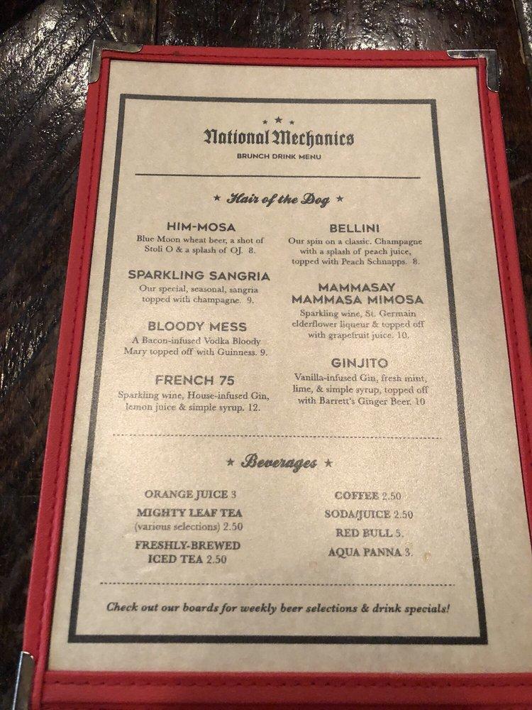 Menu at National Mechanics pub & bar, Philadelphia