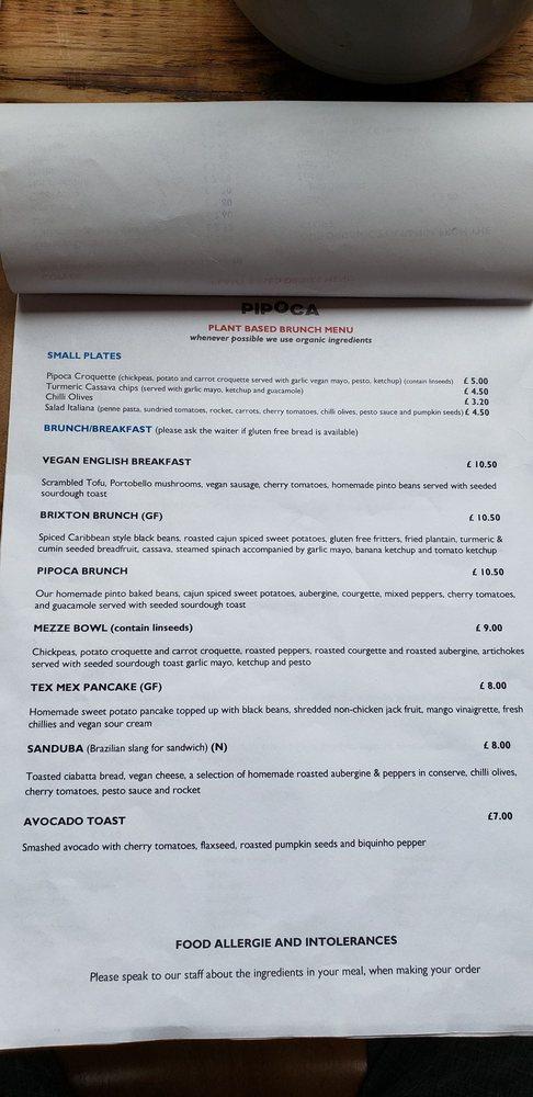 Menu at Pipoca Vegan restaurant, London