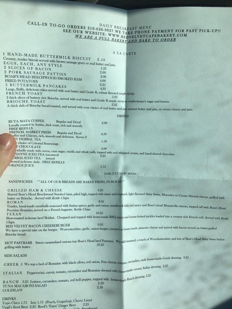 Menu at Red Velvet Cafe & Bakery, San Antonio