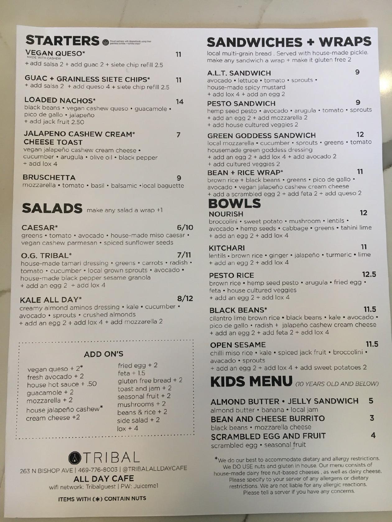 Menu at Tribal All Day Cafe, Dallas
