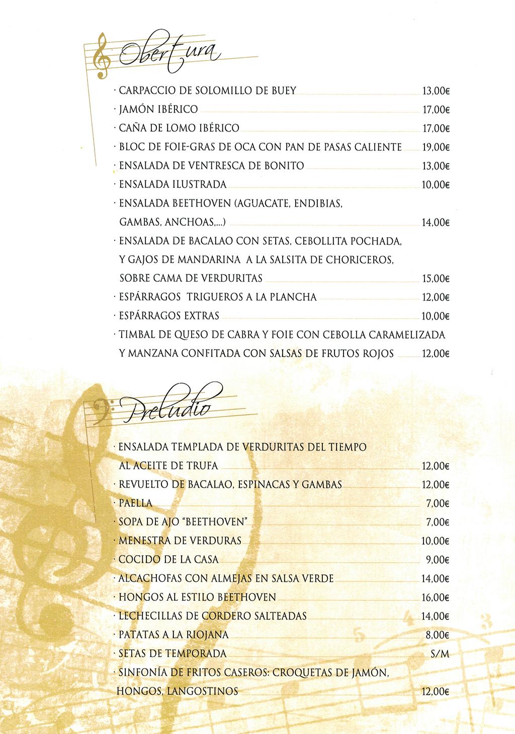 Menu at Beethoven restaurant, Haro