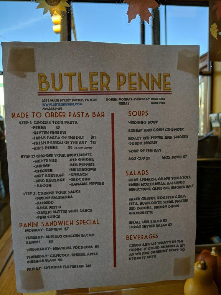 Menu at Butler Penne restaurant, Butler