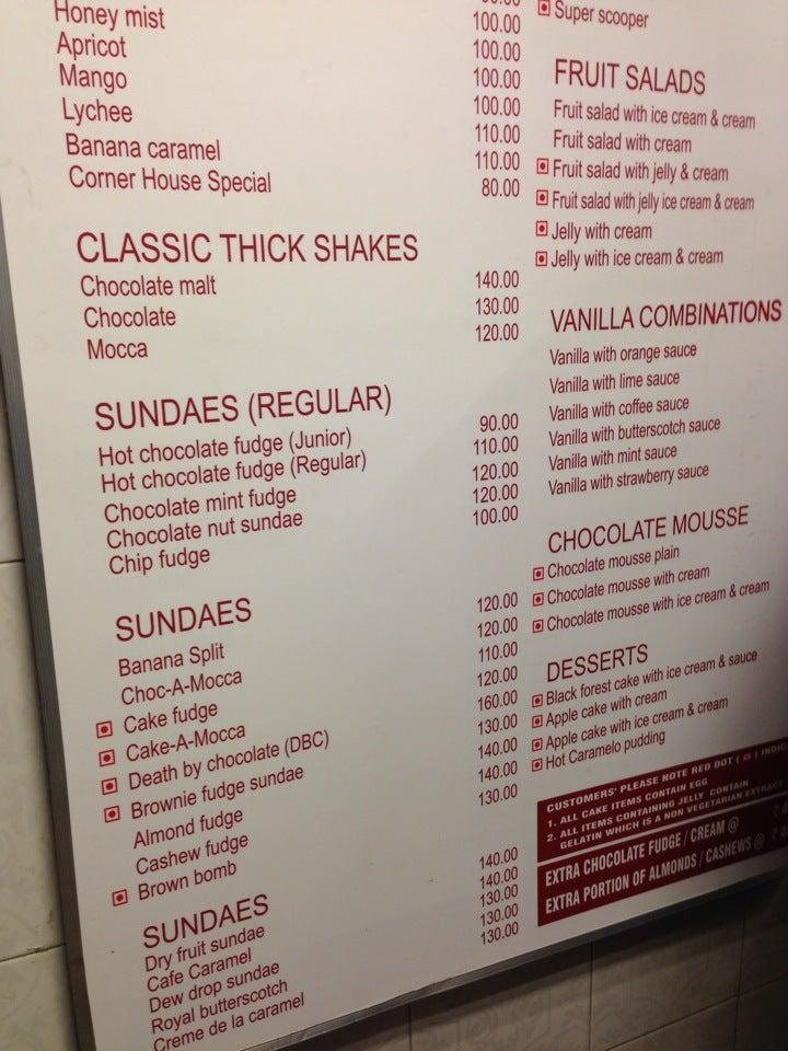 Menu at Corner House, Bengaluru, #1225