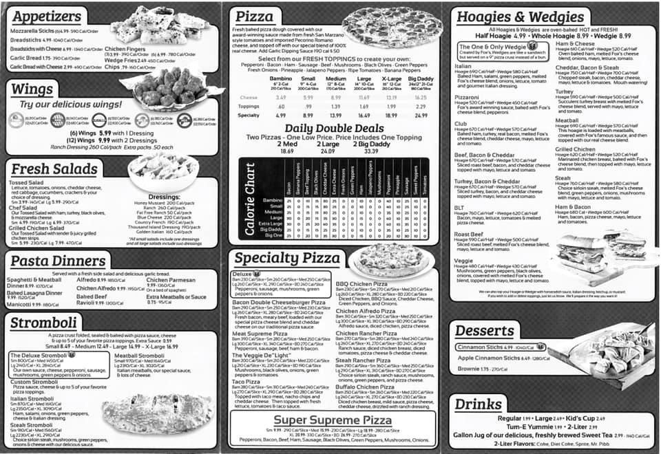 Menu at Fox's Pizza Den - Argo pizzeria, Trussville