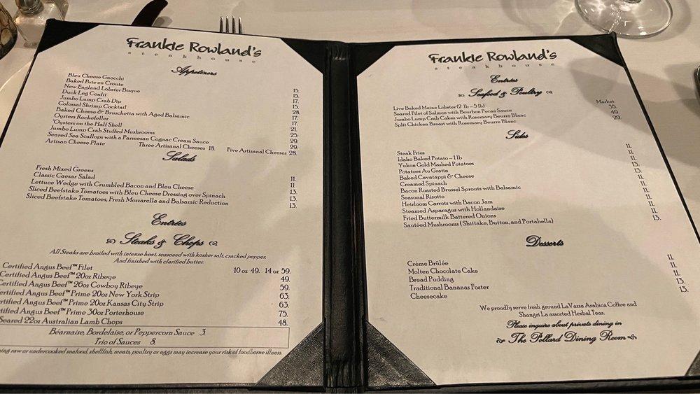 Menu at Frankie Rowland's Steakhouse, Roanoke