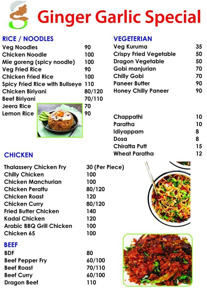 Menu at Ginger Garlic restaurant, Kochi