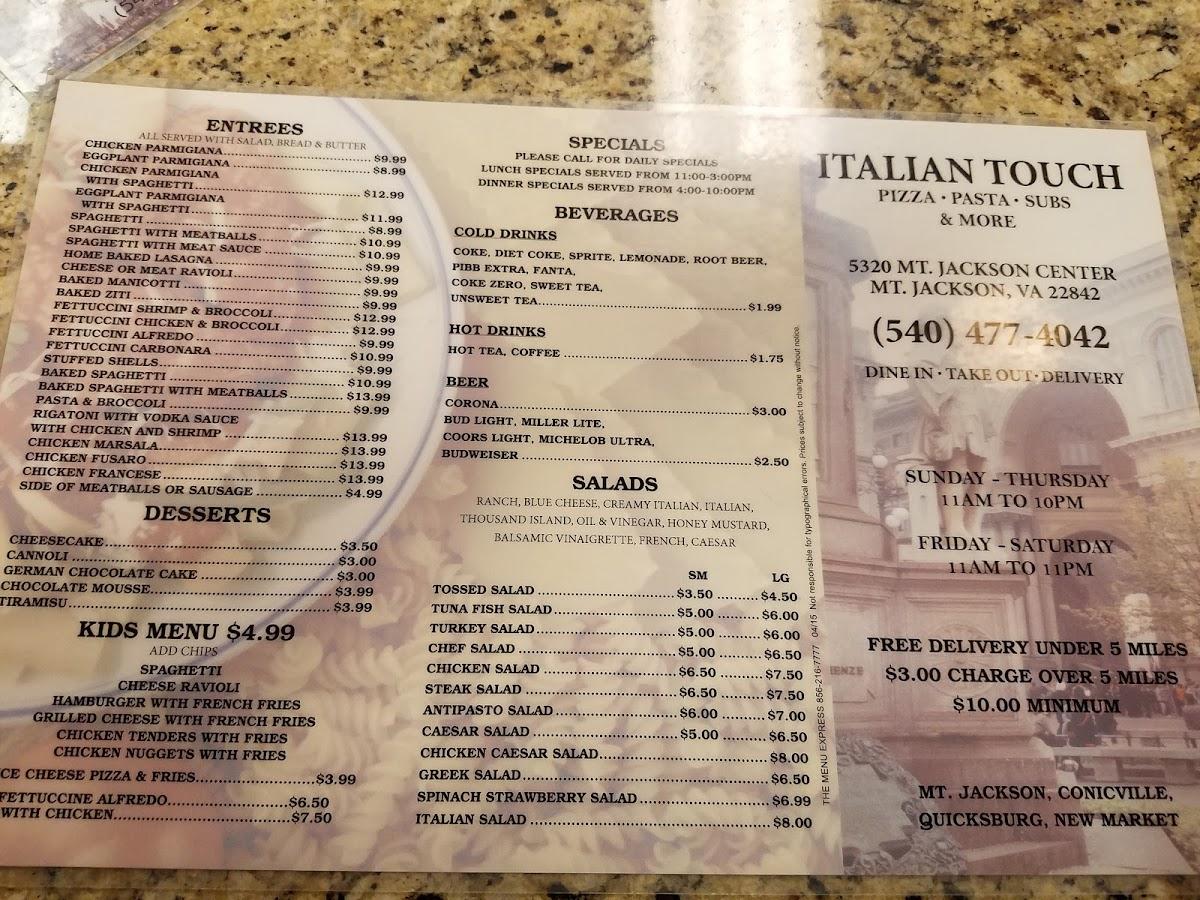 Menu at Italian Touch pizzeria, Mount Jackson