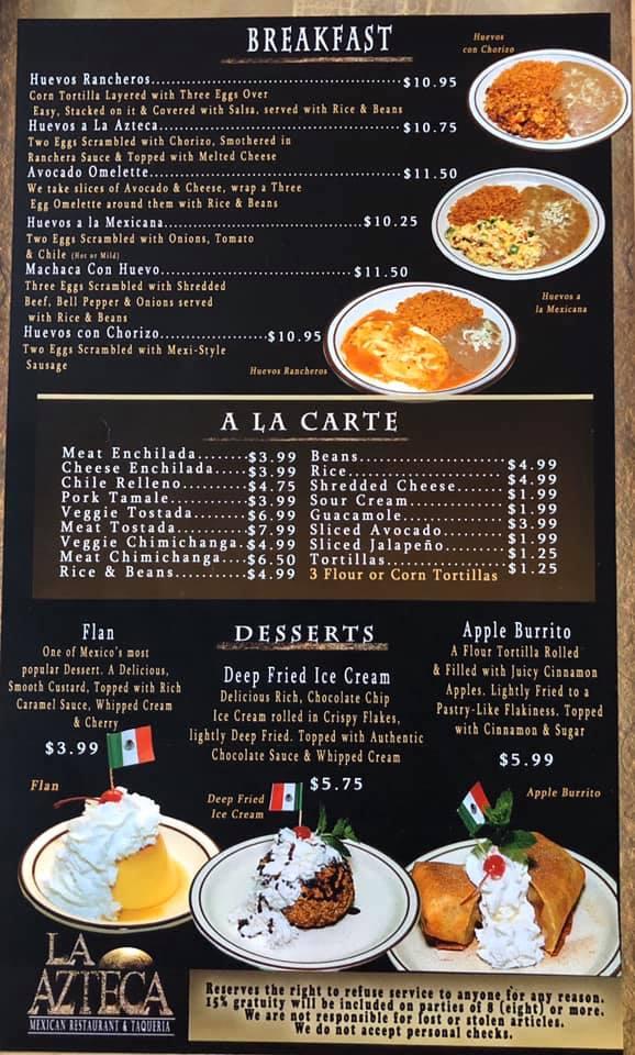 Menu at La Azteca restaurant, Petaluma
