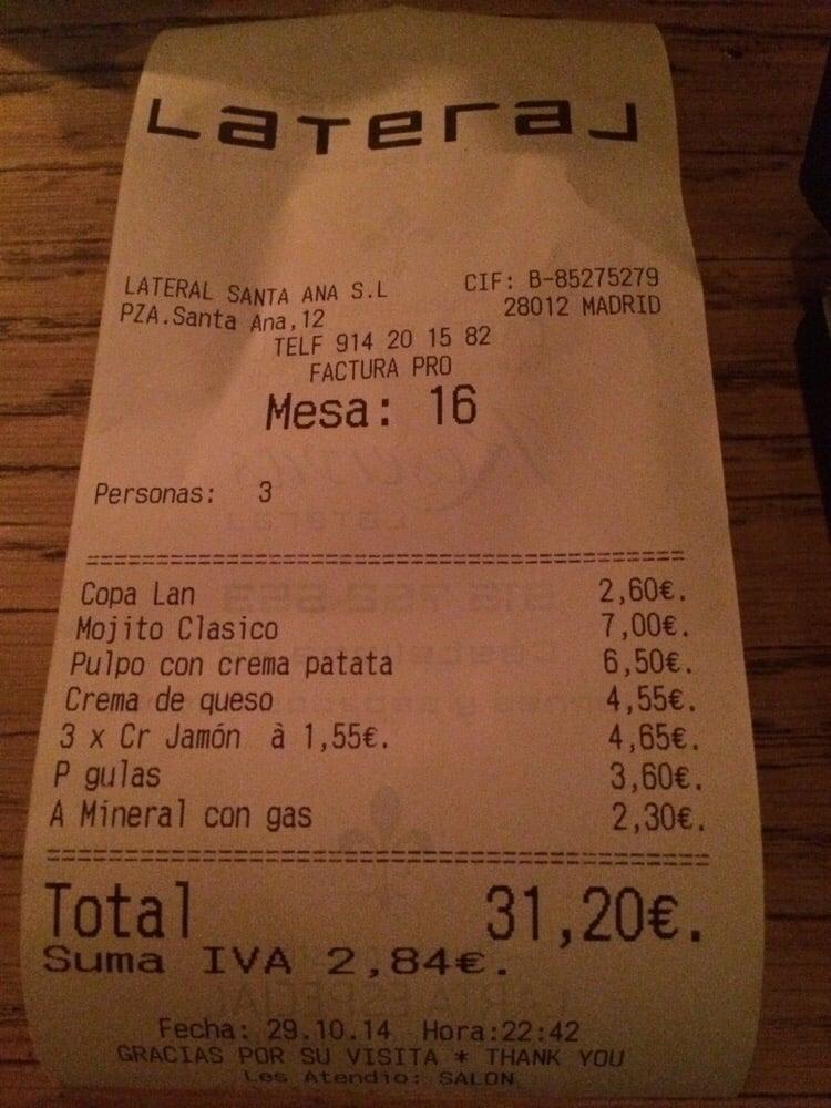 Menu at Lateral Milaneses pub & bar, Madrid