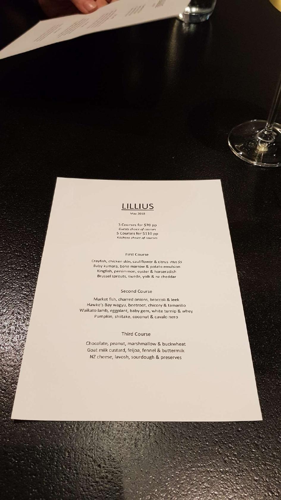 Menu at Lillius Restaurant, Auckland