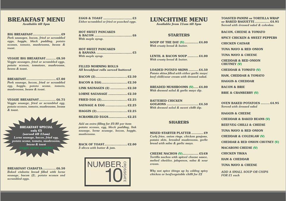 Menu at Number 10 restaurant, Cupar