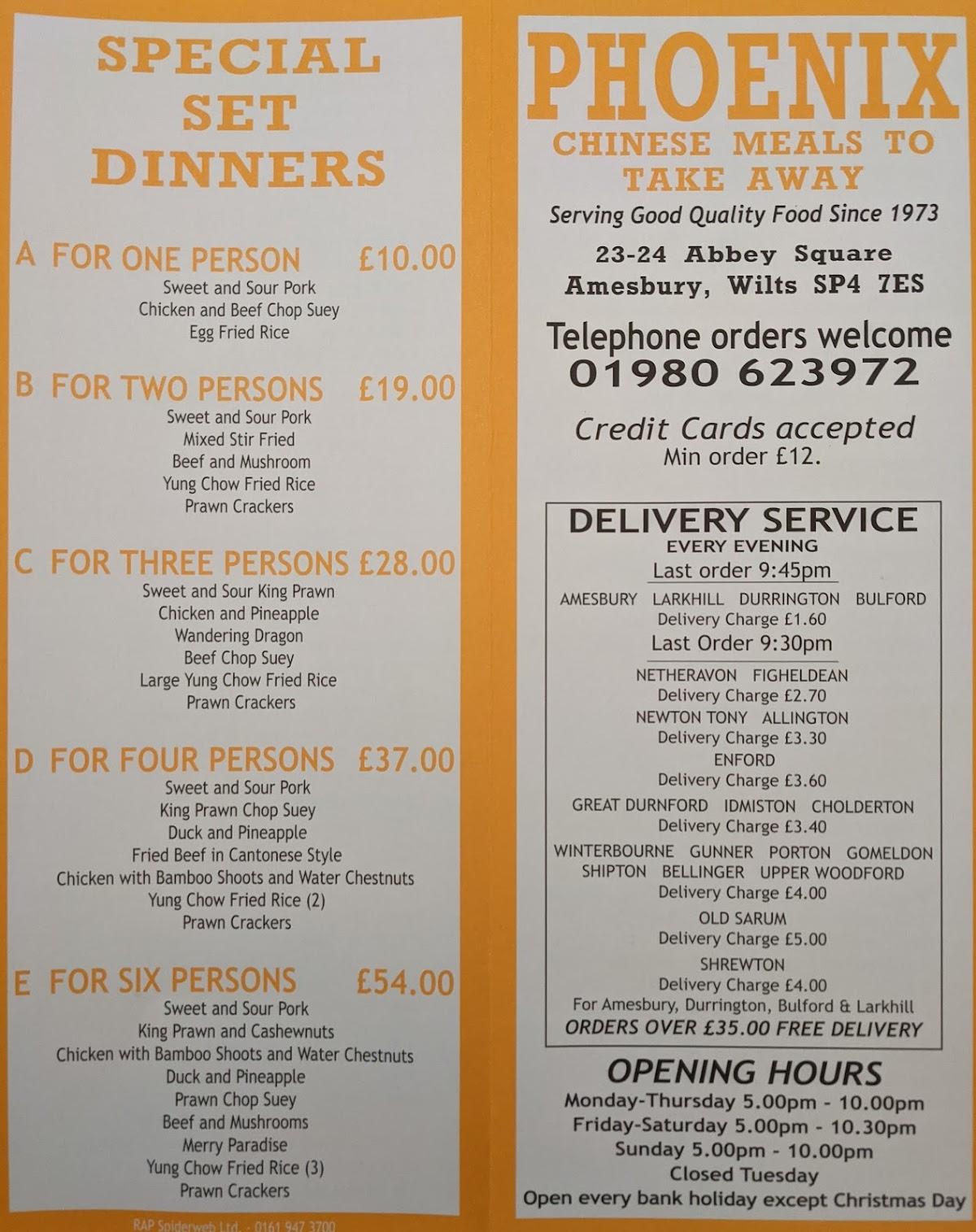 Menu at Phoenix fast food, Amesbury