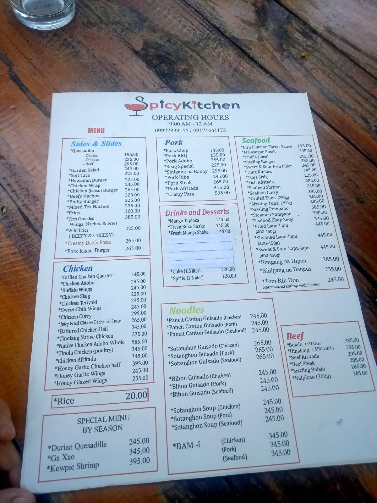 Menu at Spicy Kitchen restaurant, Davao City