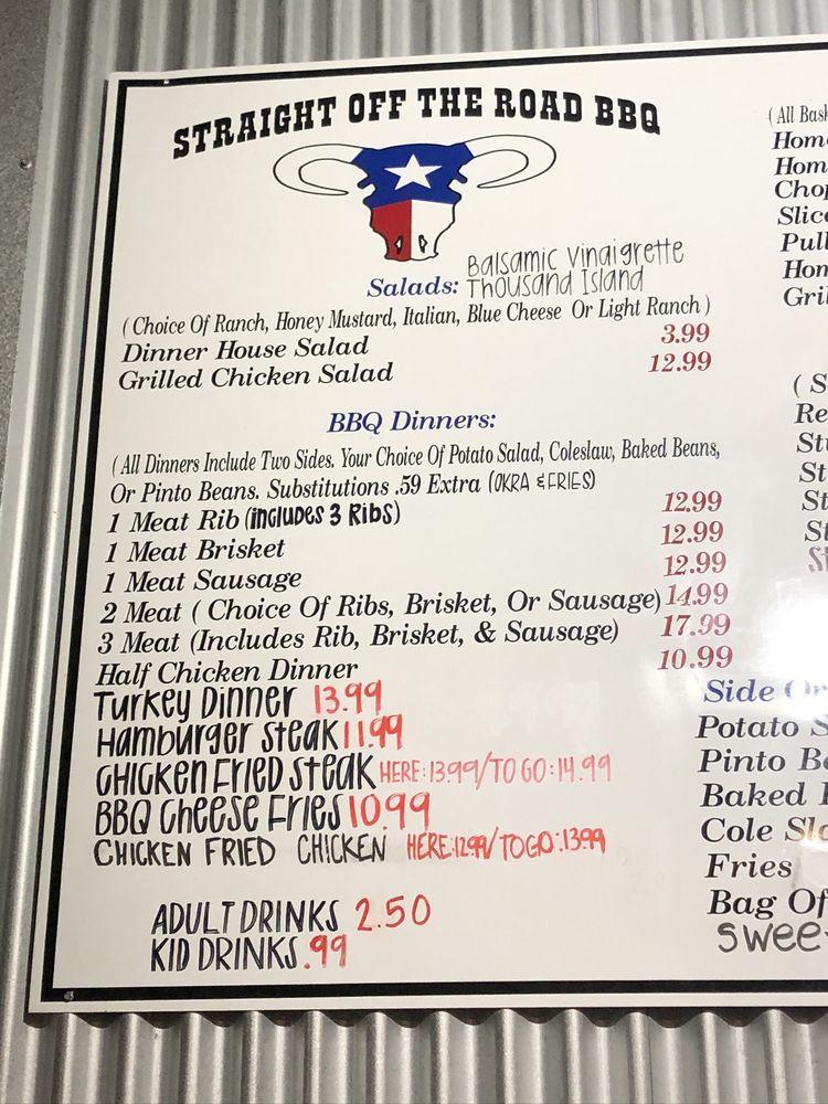 Menu at Straight Off the Road BBQ, Crosby