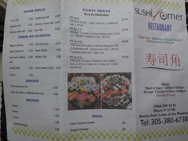 Menu at Sushi Corner Sushi Restaurant, Kendall West