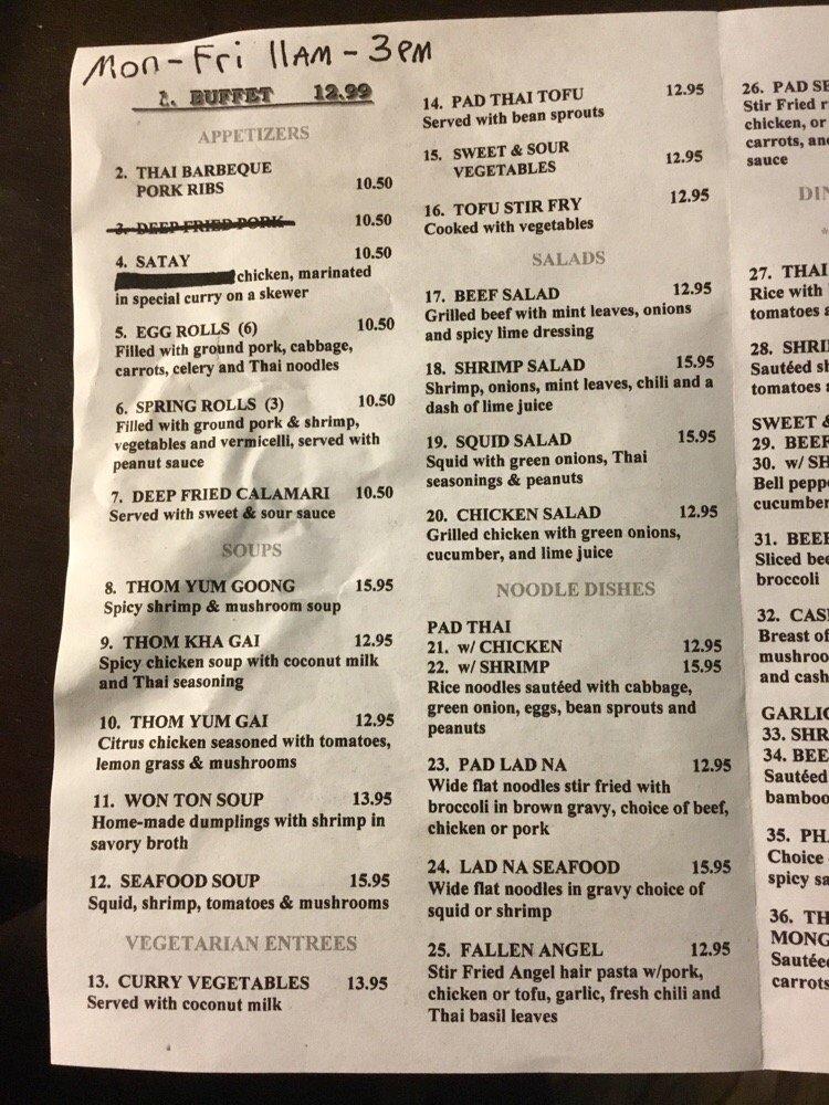 Menu at Thai Town restaurant, Kenai