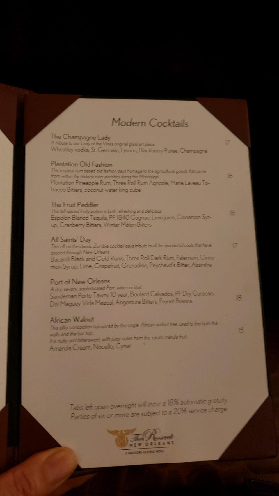 Menu at The Sazerac Bar, New Orleans
