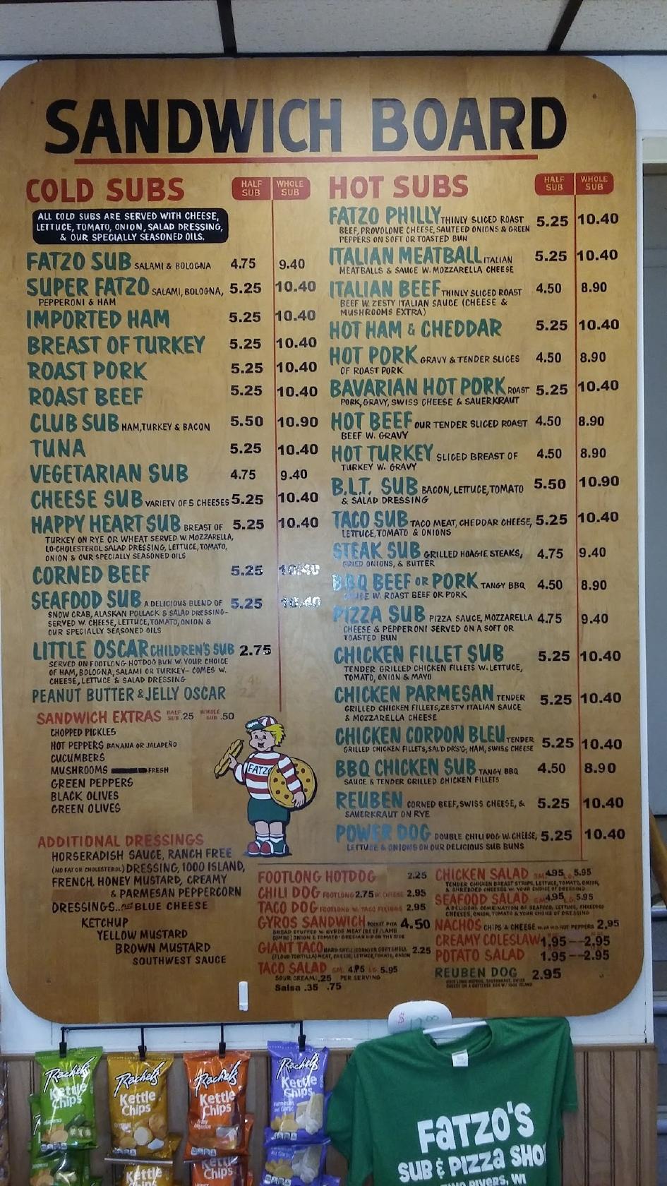 Menu at Fatzo's Sub & Pizza Shop pizzeria, Two Rivers