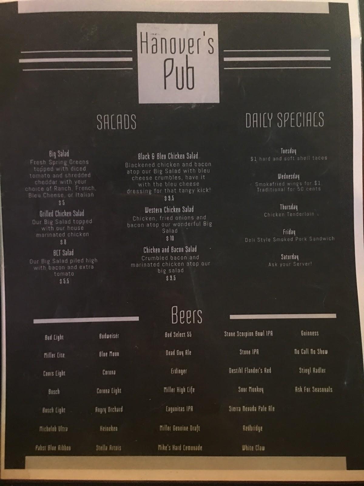 Menu at Hanover's Pub, Metamora, 107 E Partridge St
