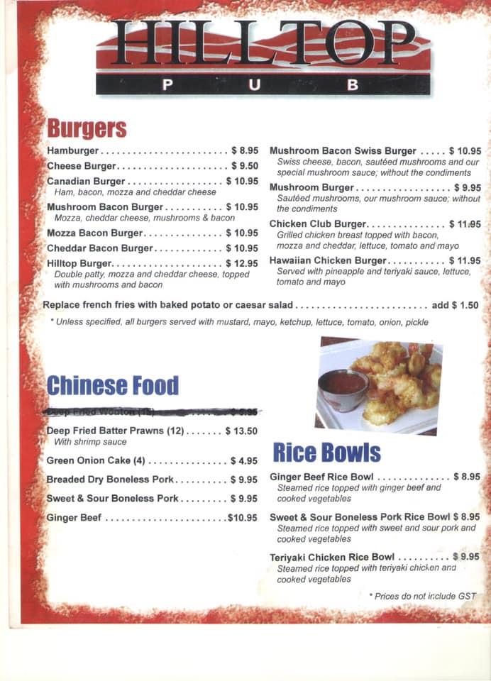 Menu at Hilltop Pub, Edmonton