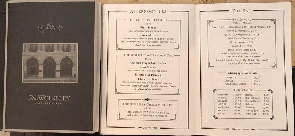 Menu at The Wolseley cafe, London