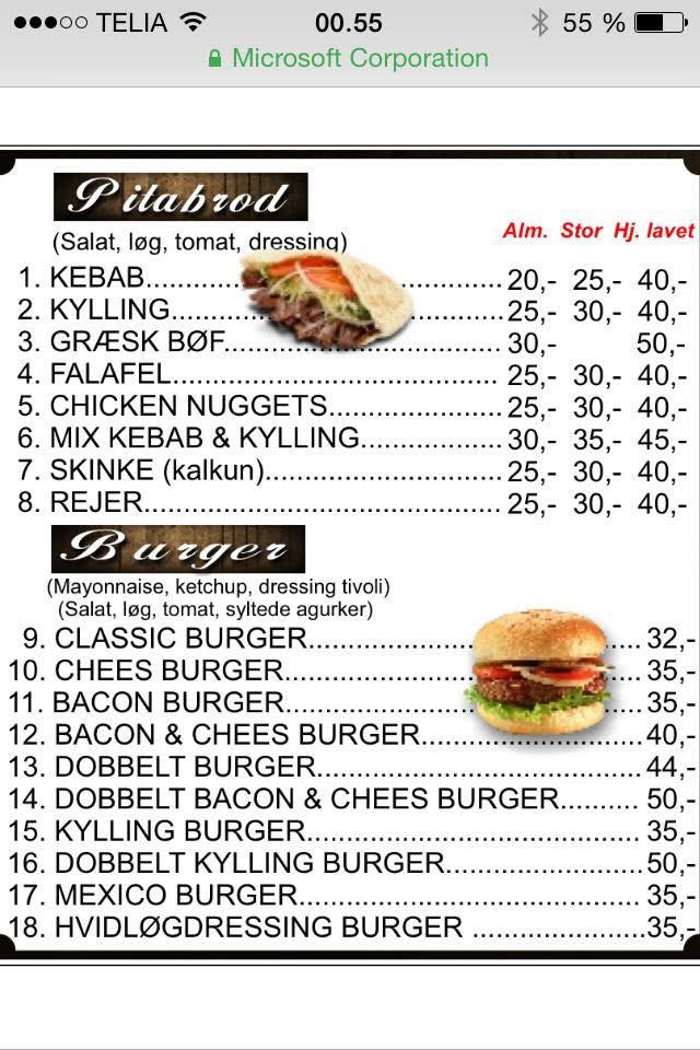 Menu at Tk Place restaurant, Kalundborg