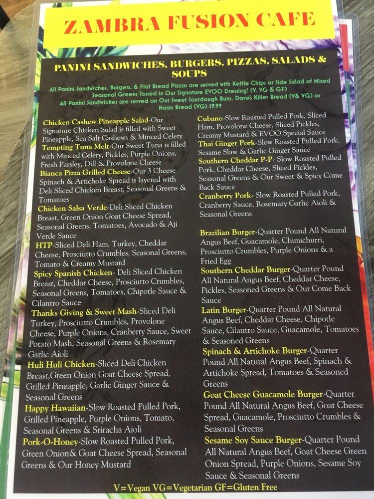 Menu at Zambra Fusion Cafe, Corpus Christi, Holly Rd