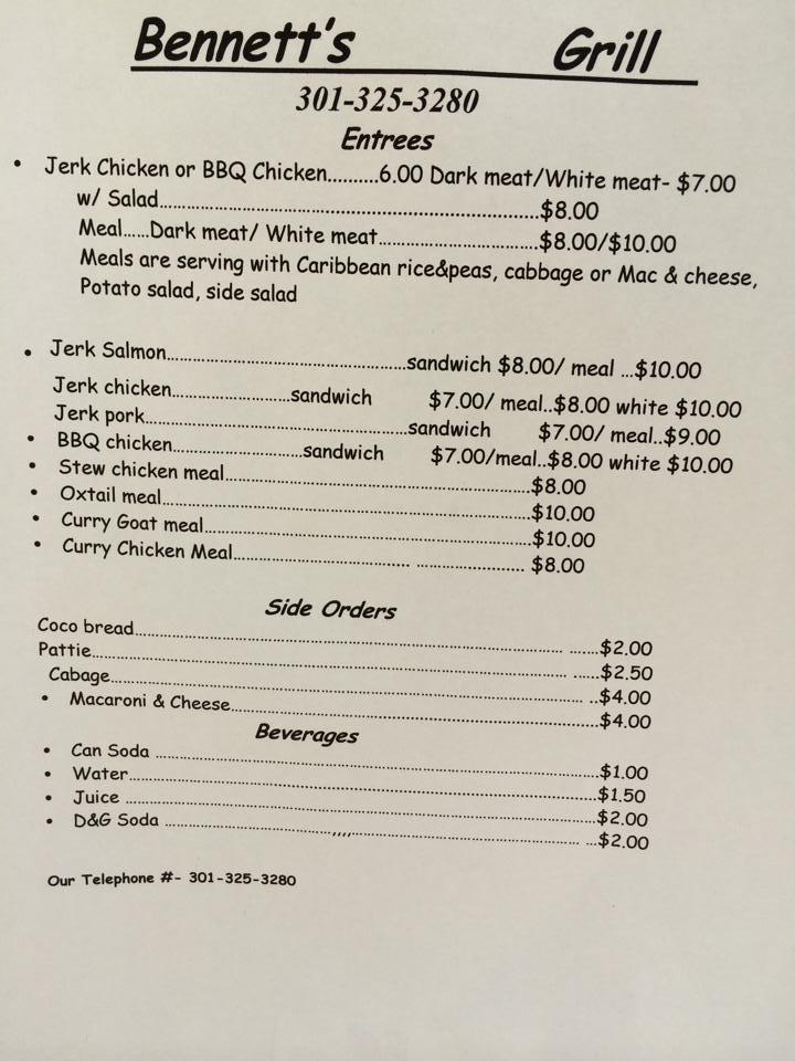 Menu at Bennett 5 Star Grill BBQ, Columbia