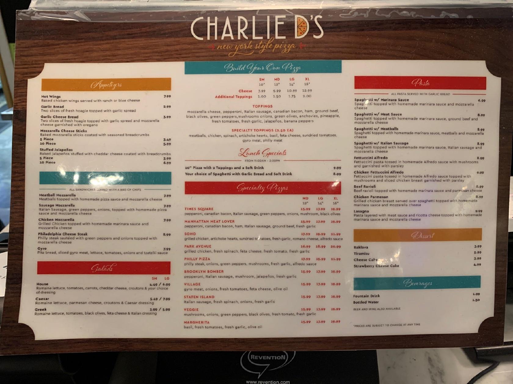 Menu at Charlie D's Pizza pizzeria, Cypress