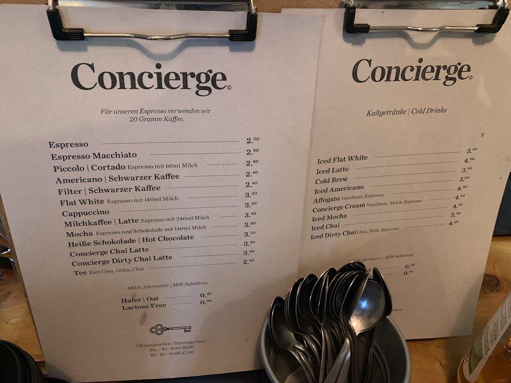 Menu at Concierge Coffee cafe, Berlin, Paul-Lincke-Ufer 39-40
