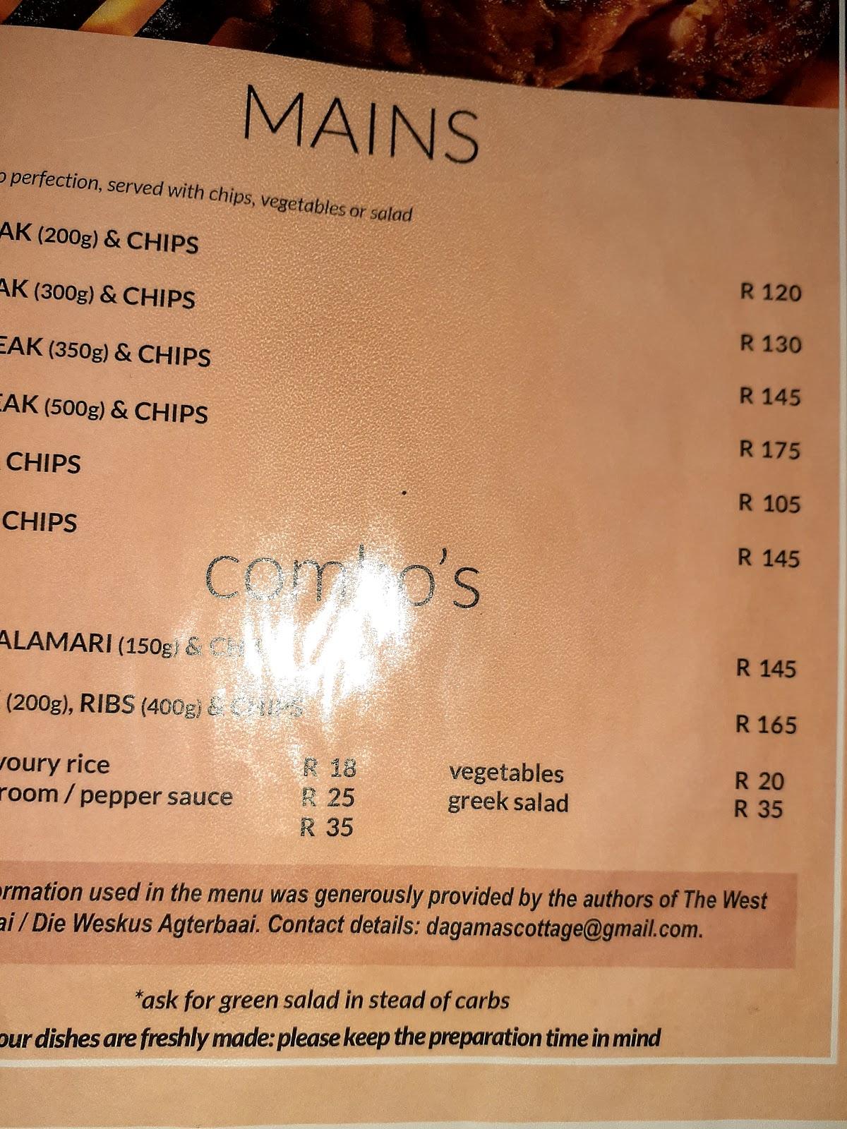Menu at Die See Ster Kombuis restaurant, Saint Helena Bay