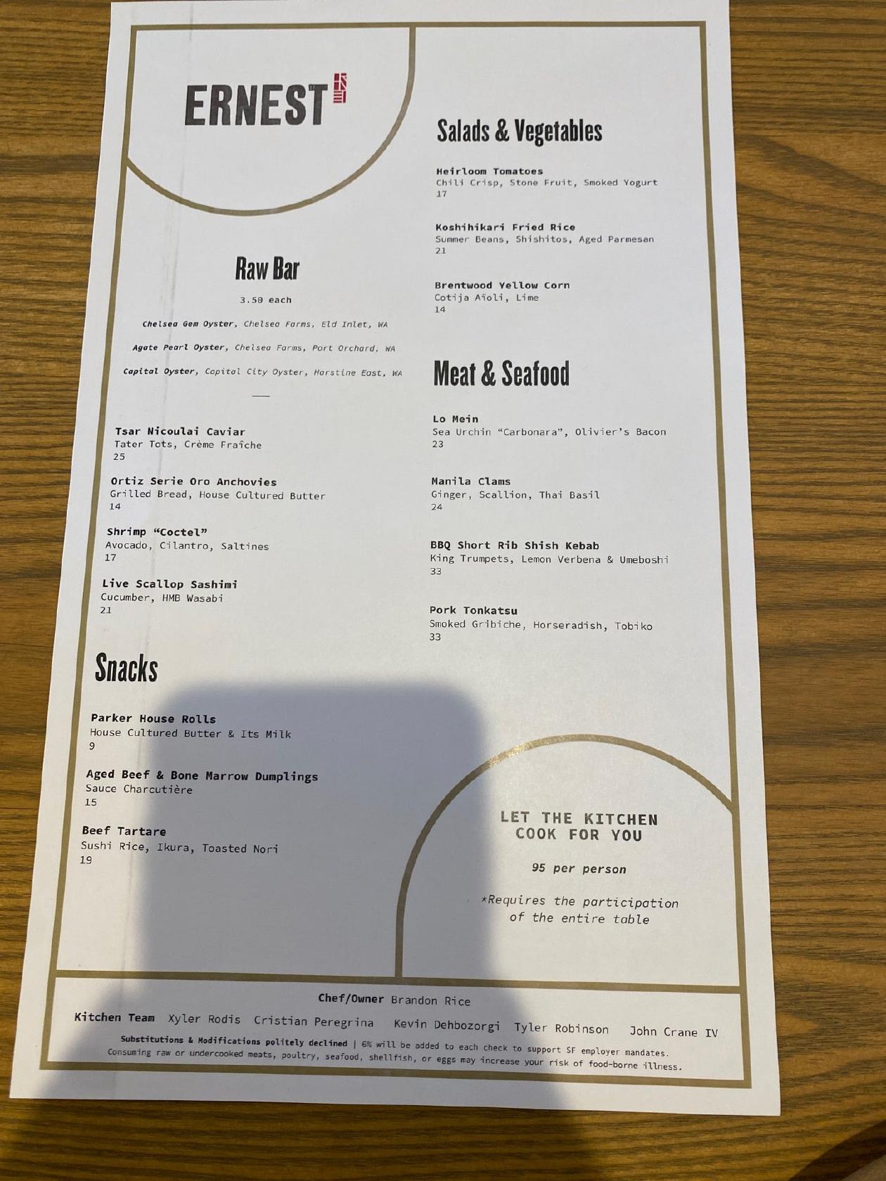 Menu at Ernest pub & bar, San Francisco, Bryant St Suite 100