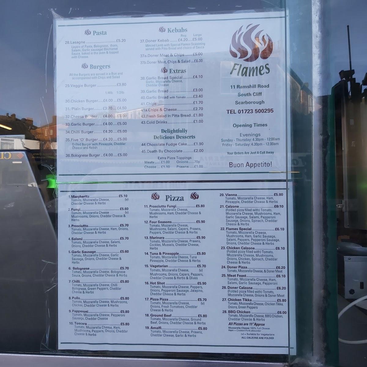 Menu at Flames Takeaway pizzeria, Scarborough