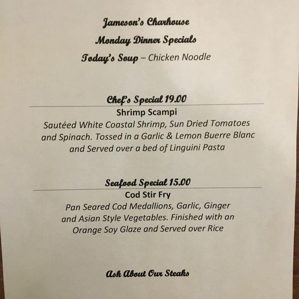 Menu at Jameson's Charhouse steakhouse, Bluffton