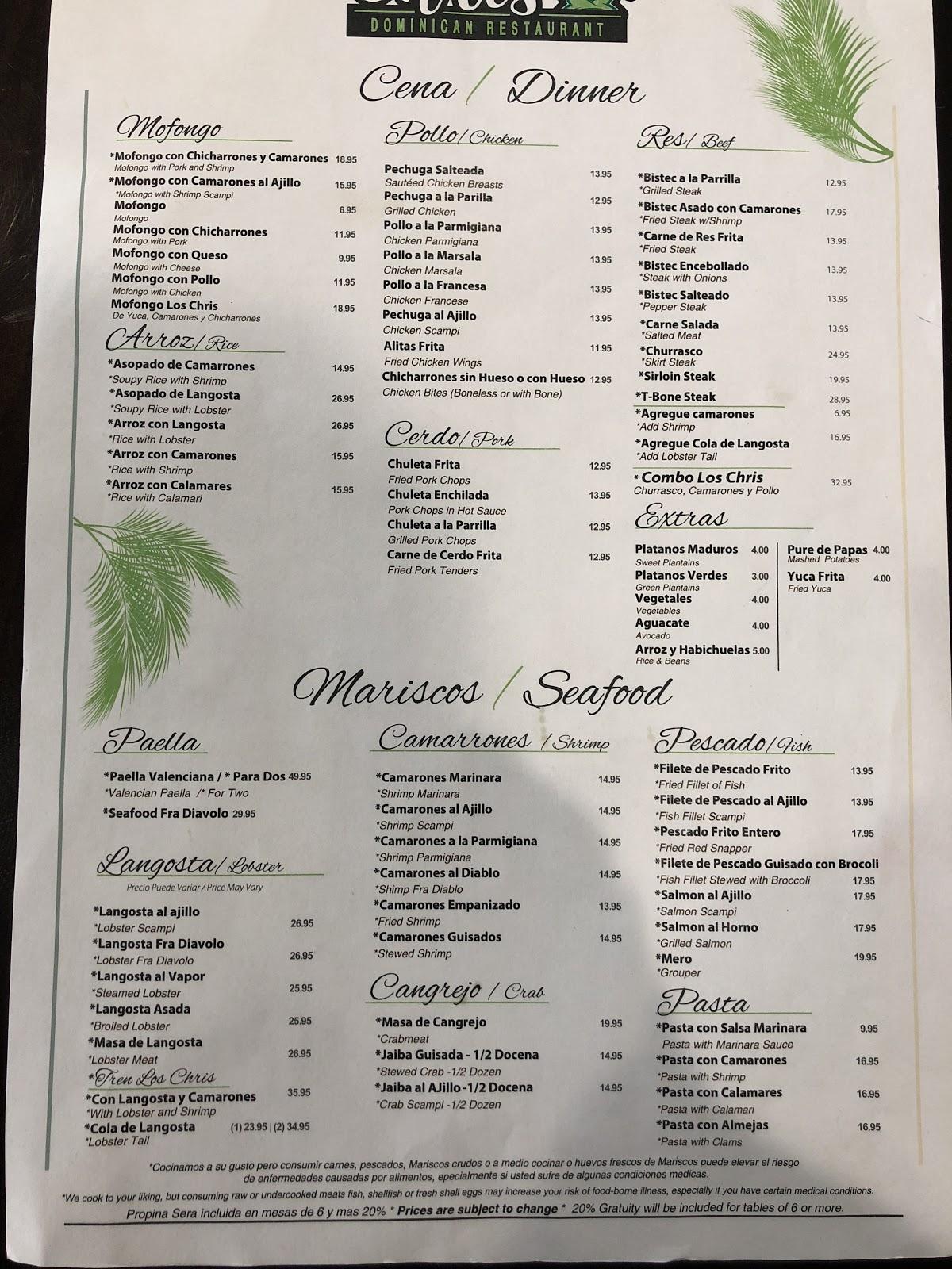 Menu at Los Chris Dominican Restaurant, Copiague