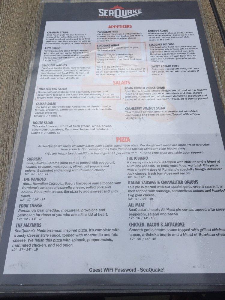 Menu at SeaQuake Brewing pizzeria, Crescent City