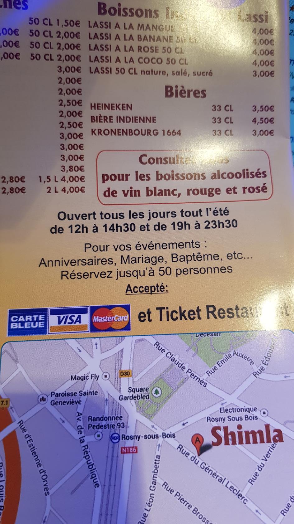 Menu at Shimla restaurant, Rosny-sous-Bois