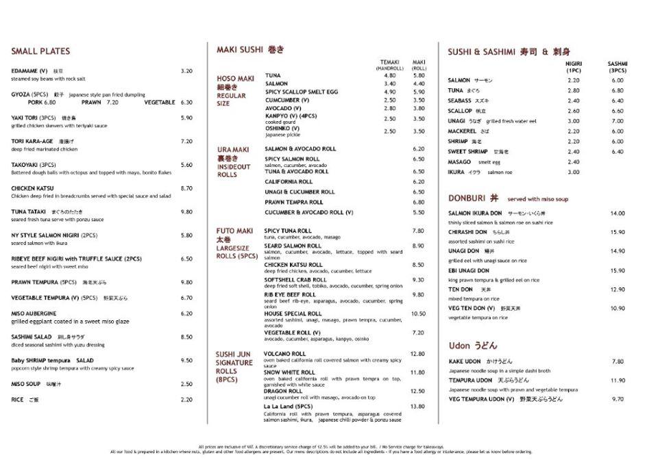 Menu at Sushi Jun restaurant, Farnham
