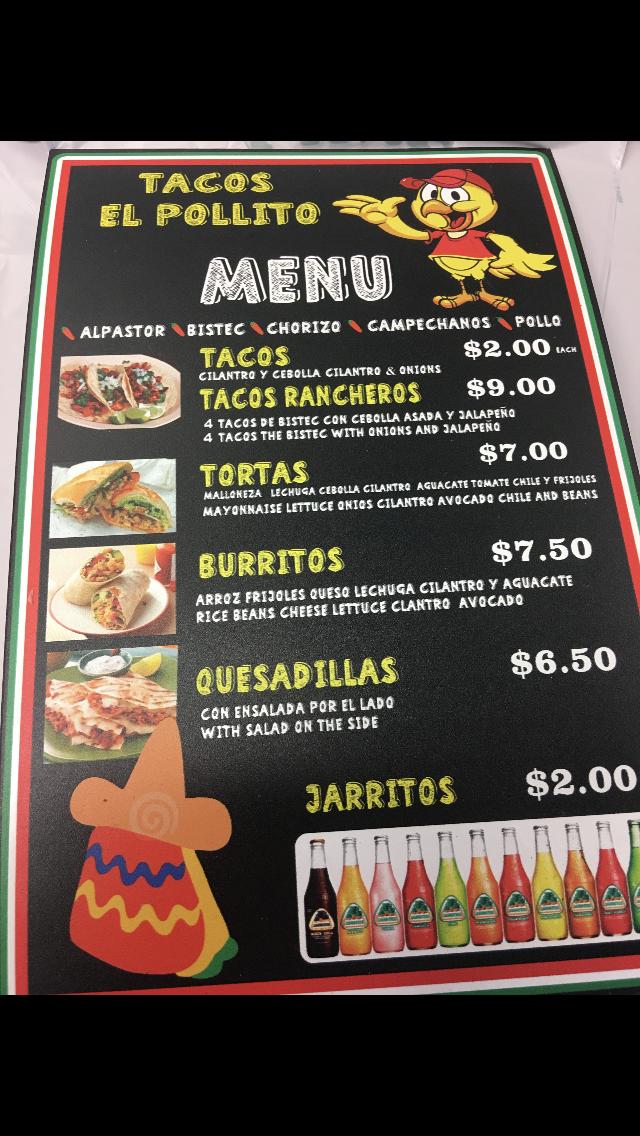 Menu at Tacos el pollito restaurant, Pike Creek