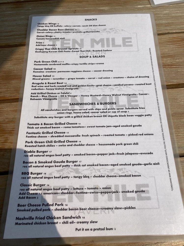 Menu at Ten Mile Tavern pub & bar, Copper Mountain, 209 Ten Mile Cir