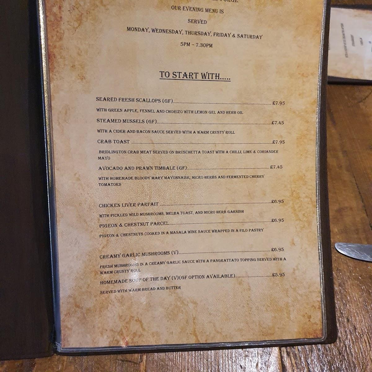 Carta del café The Old Forge, Bridlington