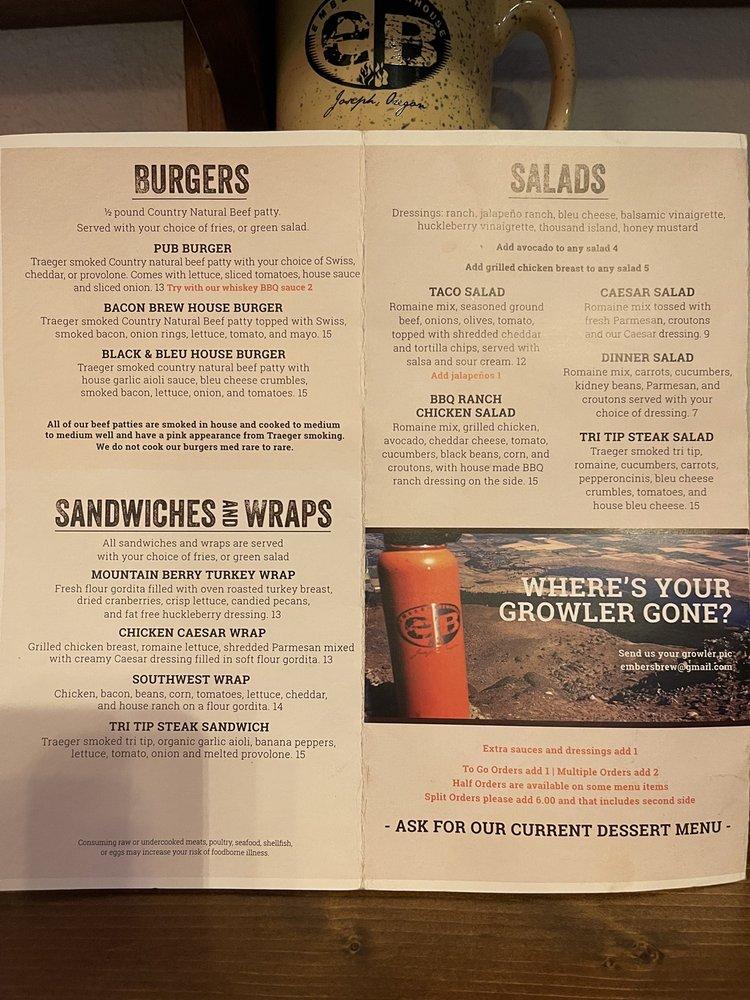 Menu at Embers Brewhouse pub & bar, Joseph