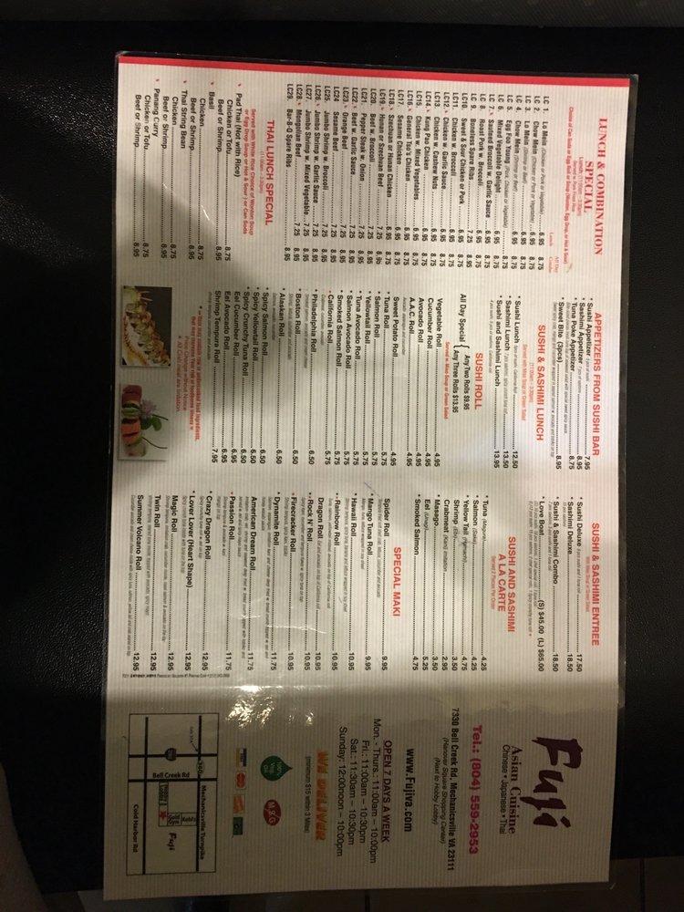 Menu at Fuji Asian Cuisine restaurant, Mechanicsville, Bell Creek Rd