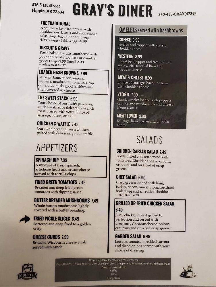 Carta del restaurante Gray's Diner, Flippin