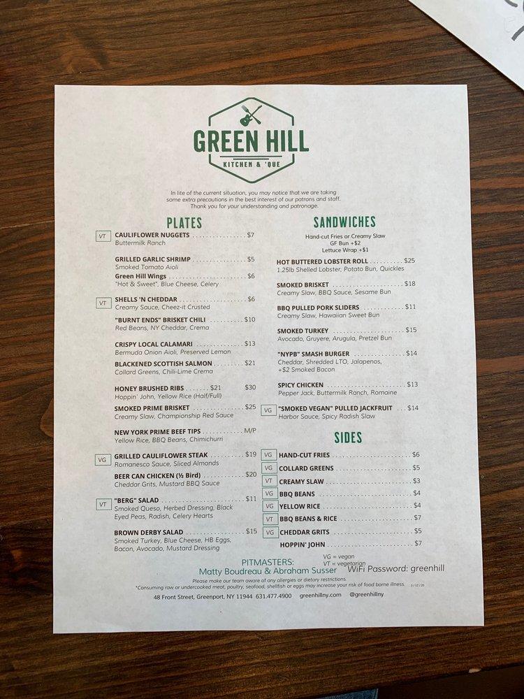 Menu at Green Hill Kitchen & Que BBQ, Greenport