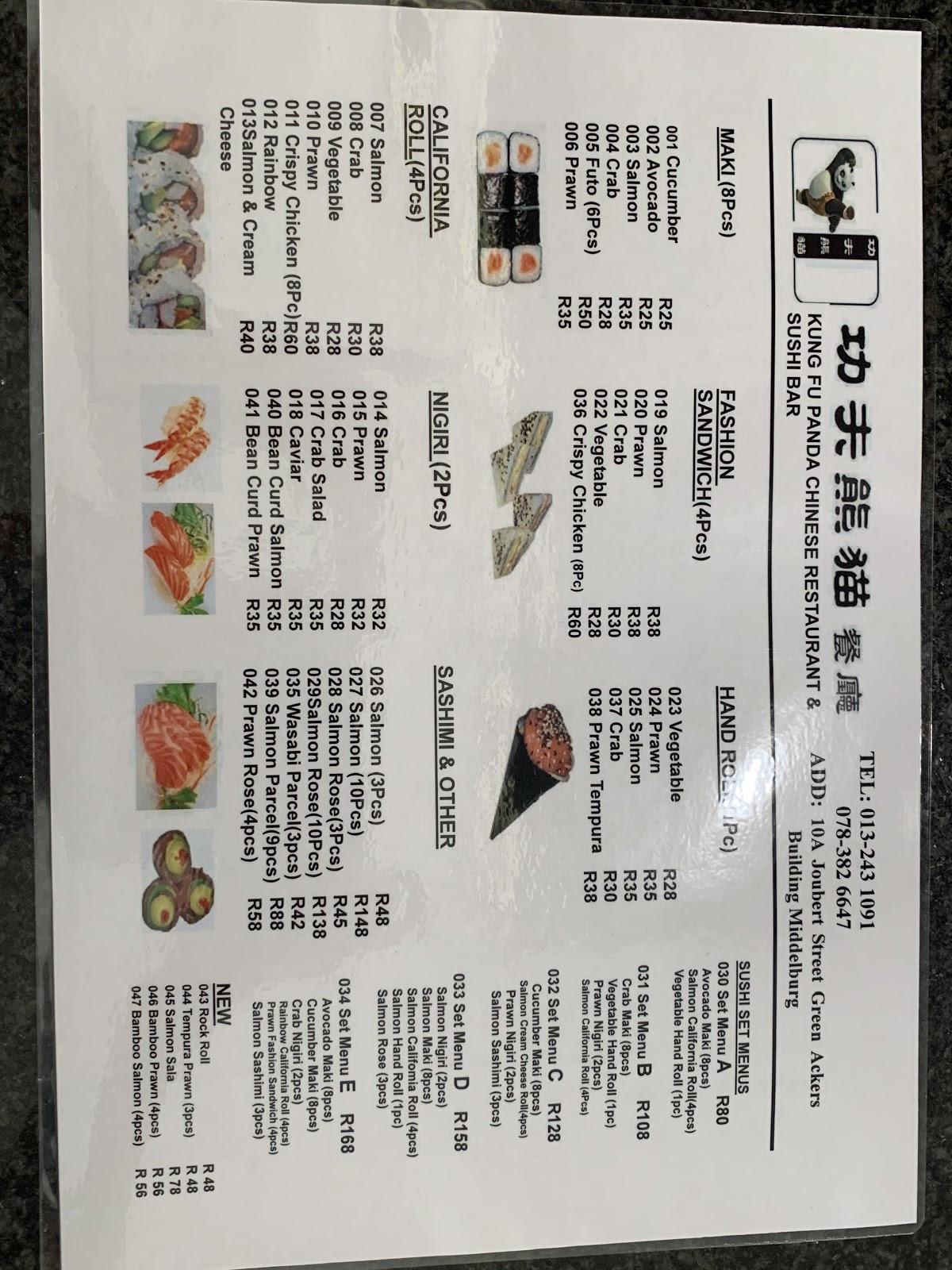 Menu at Kung-Fu Panda Restaurant, Middelburg