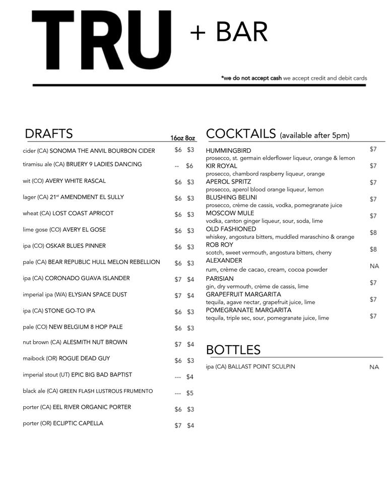 Menu at TRU pub & bar, Chapel Hill