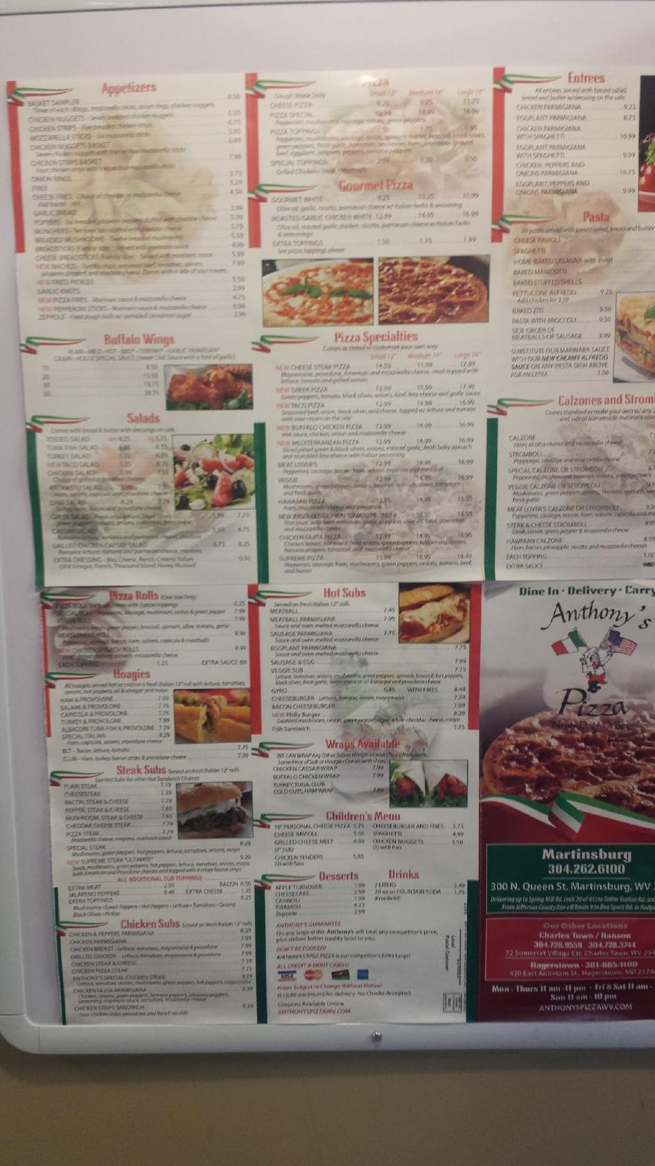 Menu at Anthony's Pizza pizzeria, Martinsburg