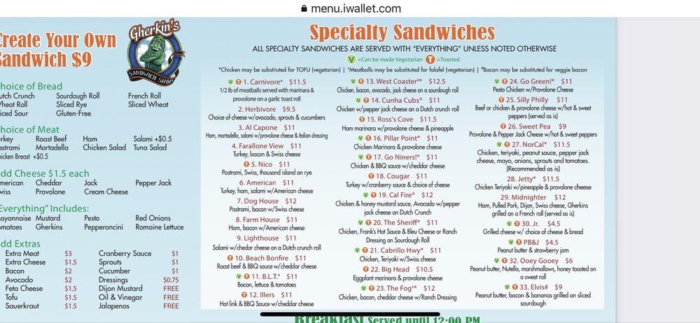 Menu at Gherkin's Sandwich Shop restaurant, Montara