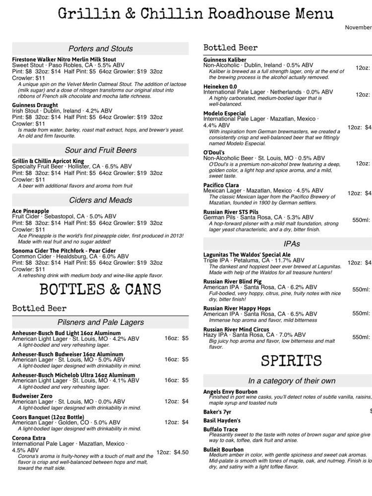 Menu at Grillin & Chillin Alehouse pizzeria, Hollister, 401 McCray St b24